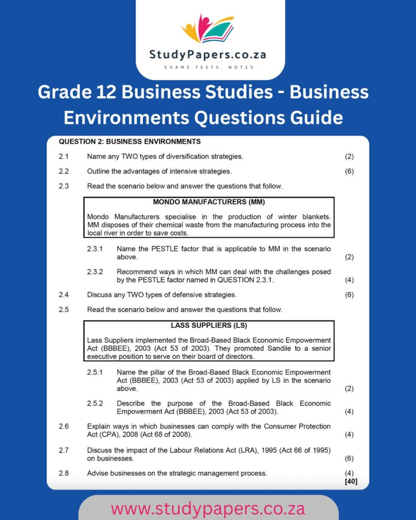 Grade 12 Business Studies - Business Environments Questions Guide ...